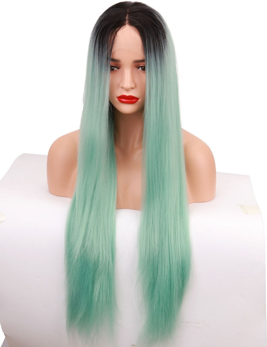 Qp Hair 1B Green Two Tone Color Synthetic Lace Front Wig for Women Lon ...